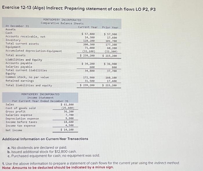 Solved Exercise 12-13 (Algo) Indirect: Preparing statement | Chegg.com