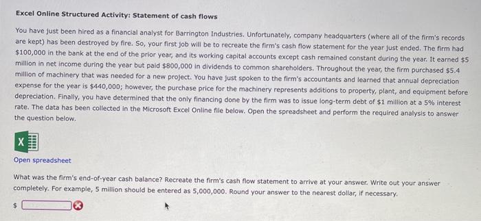 Solved Excel Online Structured Activity: Statement of cash | Chegg.com