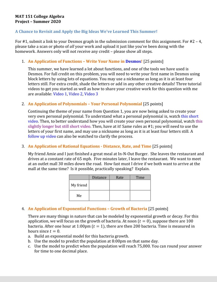 MAT 151 College Algebra Project - Summer 2020 A | Chegg.com