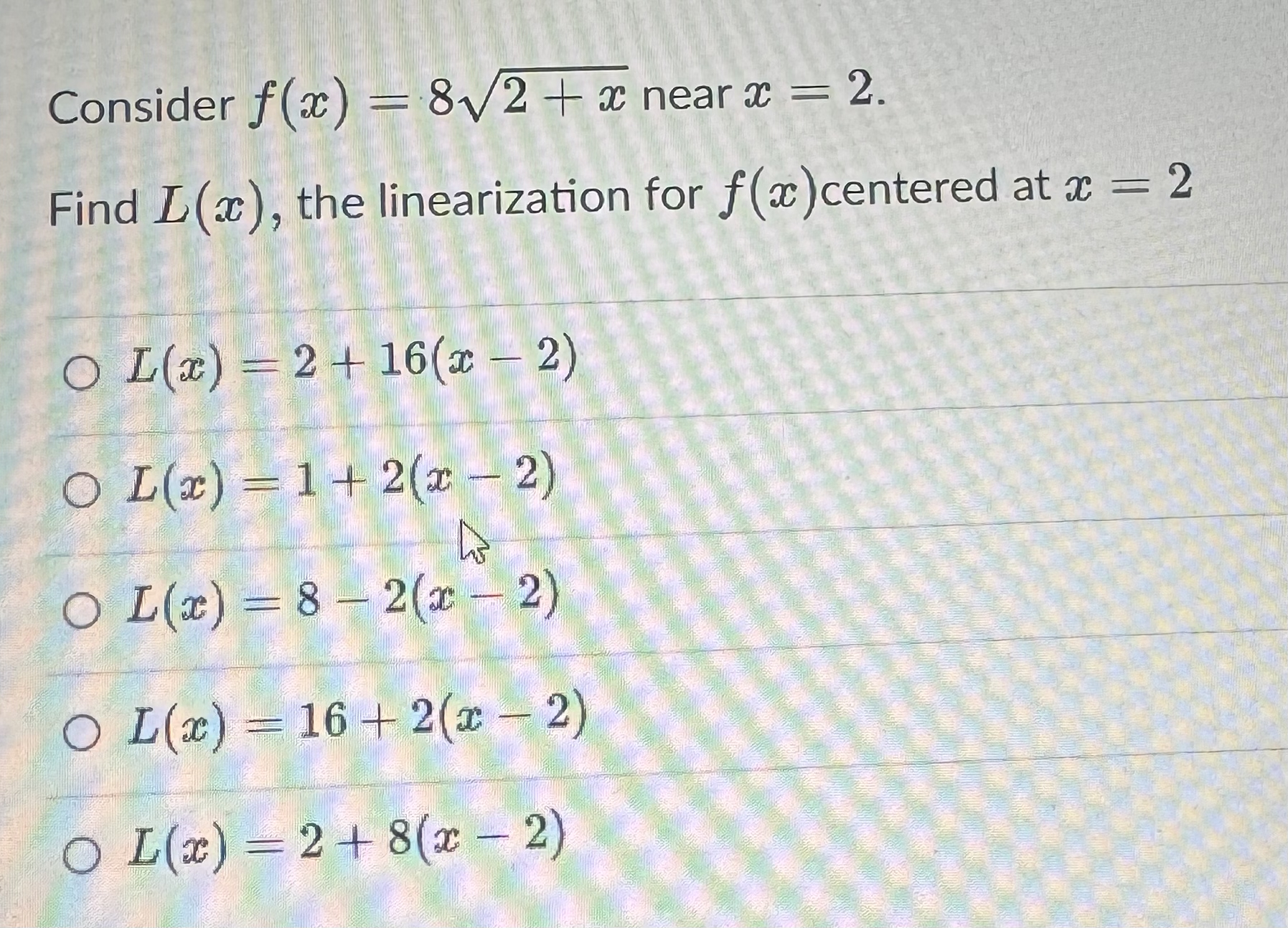 Solved Consider f(x)=82+x2 ﻿near x=2.Find L(x), ﻿the | Chegg.com