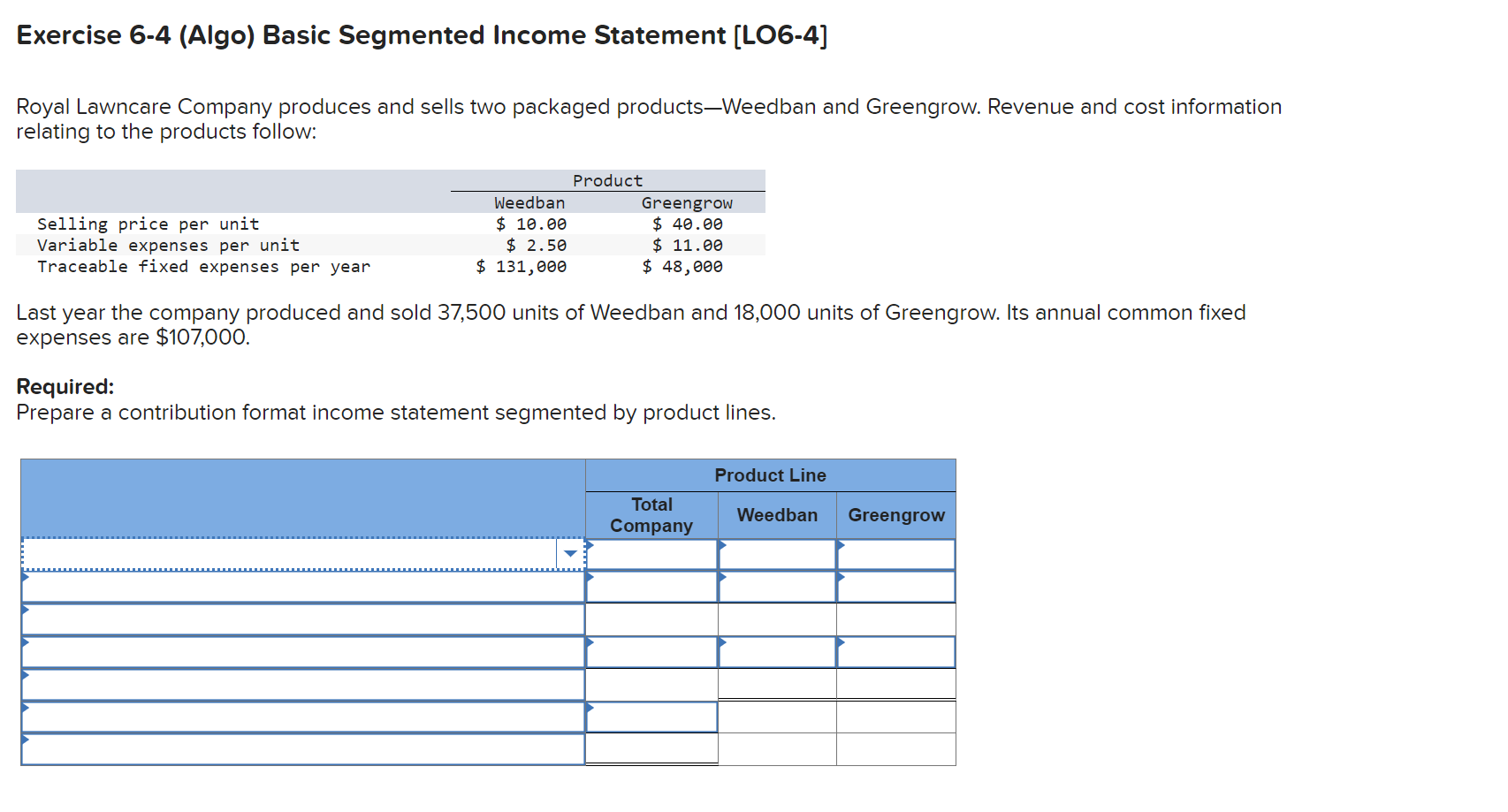 Exercise 6-4 (Algo) ﻿Basic Segmented Income Statement | Chegg.com