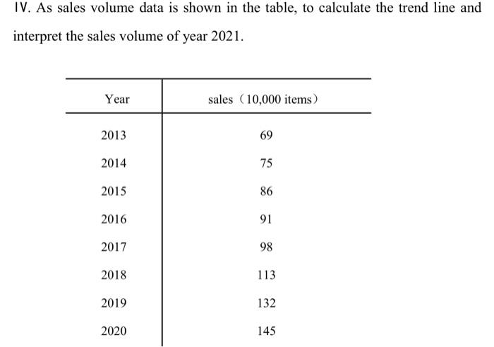 Solved IV. As sales volume data is shown in the table, to | Chegg.com