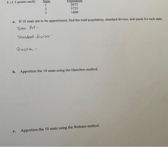 Solved a. If 10 seats are to be apportioned, find the total | Chegg.com