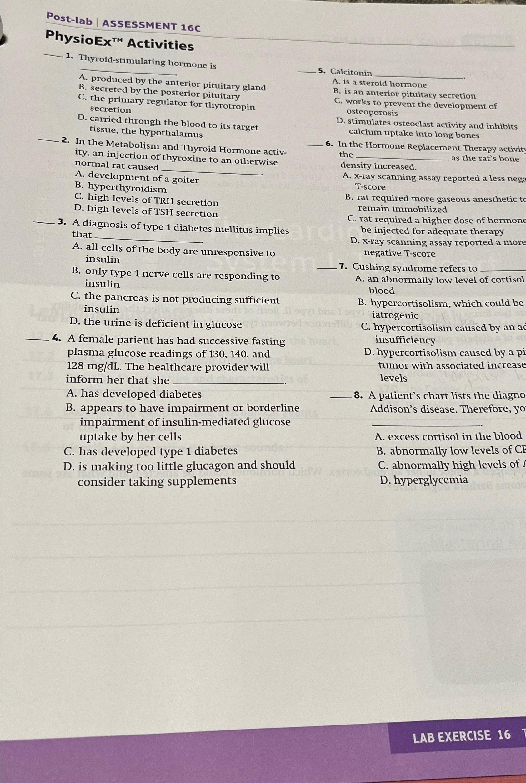 Solved Post-lab | ﻿ASSESSMENT 16CPhysioEx ?TM | Chegg.com