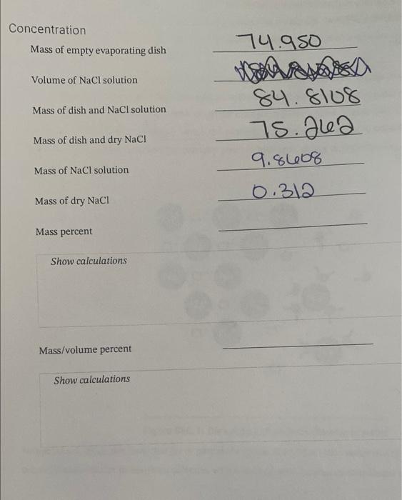 Solved Concentration Mass of empty evaporating dish Volume | Chegg.com