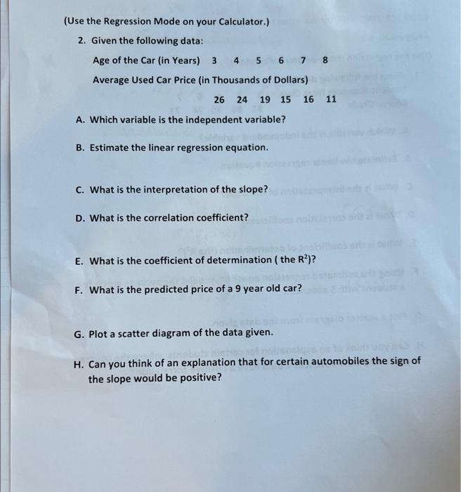 Solved (Use the Regression Mode on your Calculator.) 2. | Chegg.com
