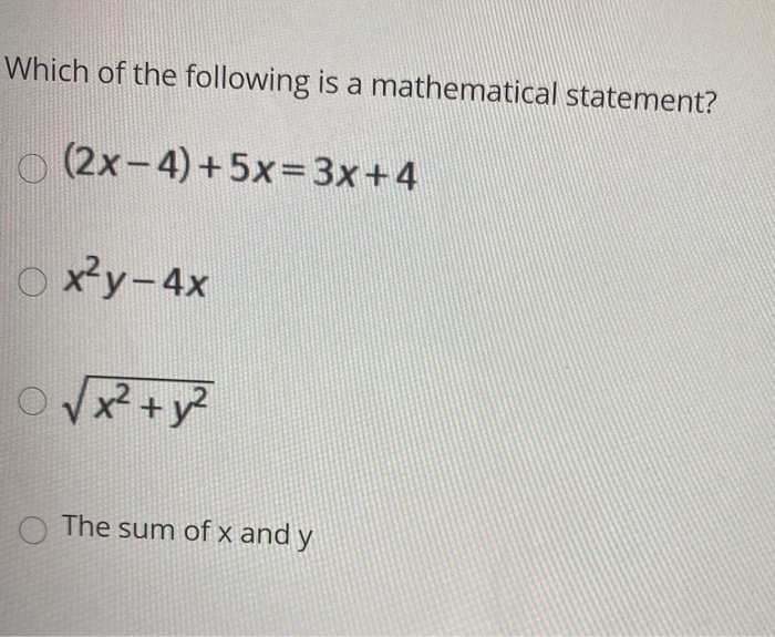 Solved Which of the following is a mathematical statement? o | Chegg.com