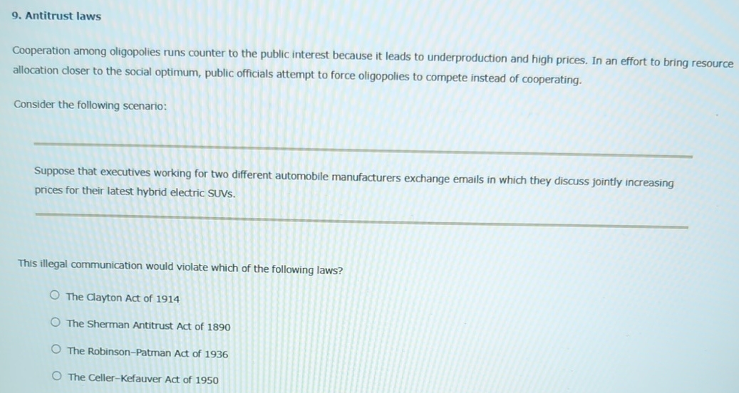 Solved Antitrust lawsCooperation among oligopolies runs | Chegg.com