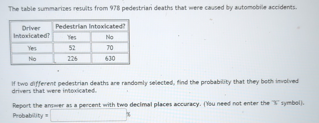 Solved The table summarizes results from 978 ﻿pedestrian | Chegg.com