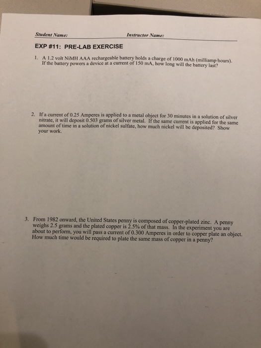Solved Student Name Instructor Name: EXP #11: PRE-LAB | Chegg.com