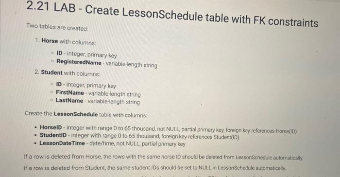 Solved 2.19 LAB - Create Horse table with constraints Create | Chegg.com