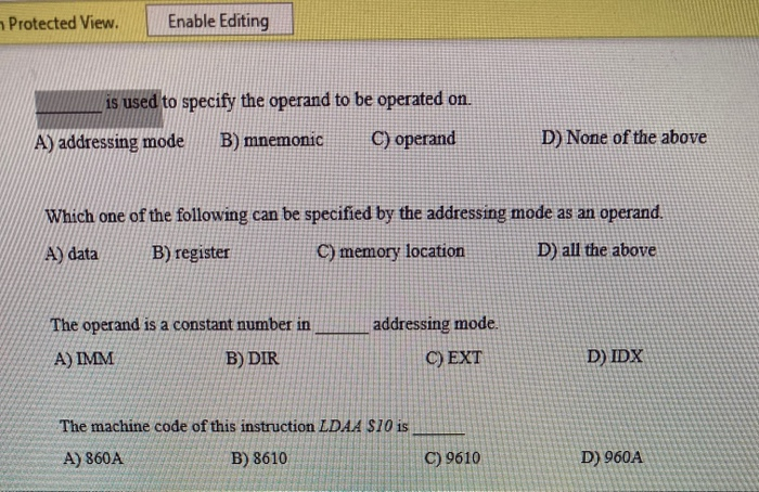 Solved Protected View. Enable Editing is used to specify the | Chegg.com