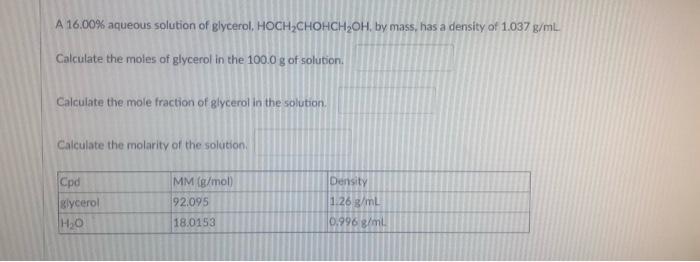 Solved A 16.00% aqueous solution of glycerol, | Chegg.com