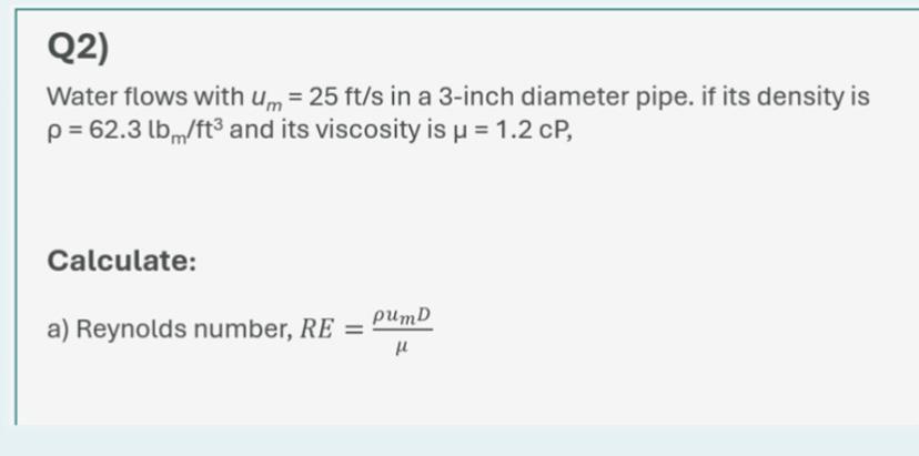 Solved Q2)Water flows with um=25fts ﻿in a 3-inch diameter | Chegg.com
