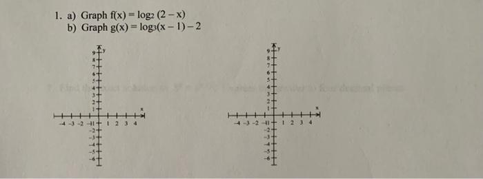 Solved 1. a) Graphf(x)=log2(2−x) b) Graph g(x)=log3(x−1)−2 | Chegg.com
