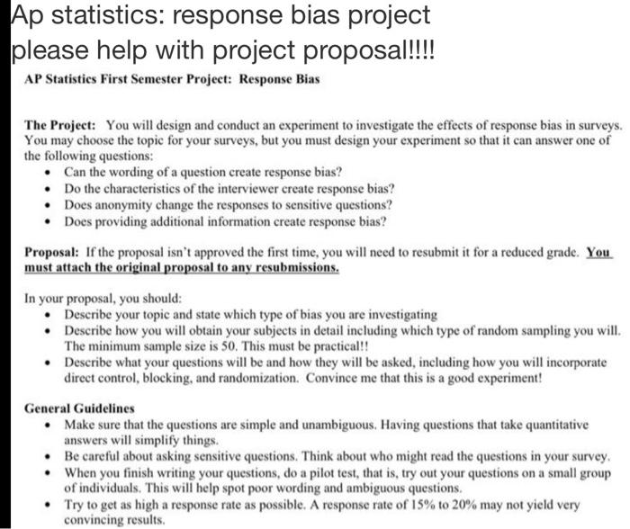 Ap statistics: response bias project please help with | Chegg.com