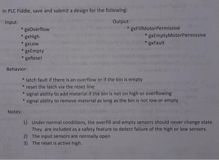 Solved In PLC Fiddle, save and submit a design for the | Chegg.com