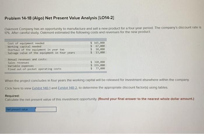 Solved Problem 14-18 (Algo) Net Present Value Analysis | Chegg.com