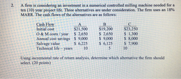 Solved 2. A firm is considering an investment in a numerical | Chegg.com