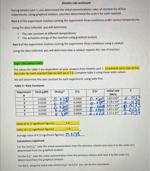 Solved Kinetics Lab continued During kinetics part 1, you | Chegg.com