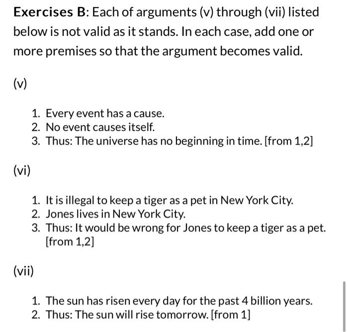 Exercises B: Each of arguments (v) through (vii) | Chegg.com