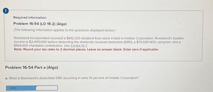 Solved Required information Problem 16-54 (LO 16-2) (Algo) | Chegg.com Solved Required information Problem 16-54 (LO 16-2) (Algo) | Chegg.com