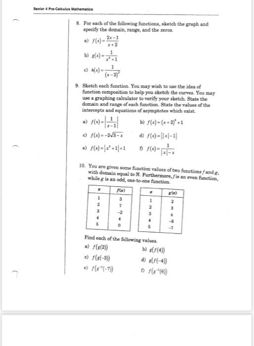Solved Senior Pre-Calculus Mathematics 8. For each of the | Chegg.com