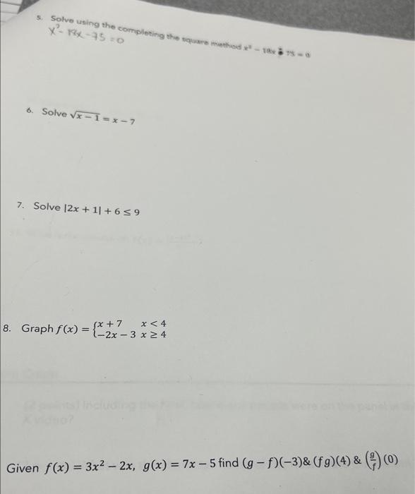 Solved 6. Solve x−1=x−7 7. Solve ∣2x+1∣+6≤9 3. Graph | Chegg.com Solved 6. Solve x−1=x−7 7. Solve ∣2x+1∣+6≤9 3. Graph | Chegg.com