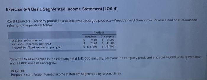 Solved Exercise 6-4 Basic Segmented Income Statement [LO6-4] | Chegg.com