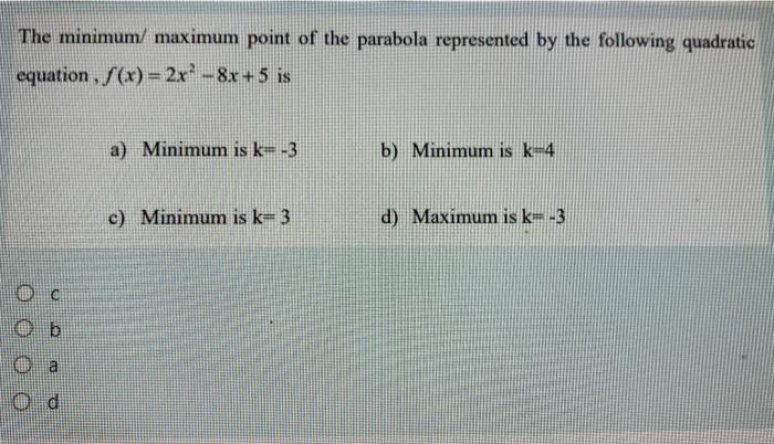 Solved The minimum/ maximum point of the parabola | Chegg.com