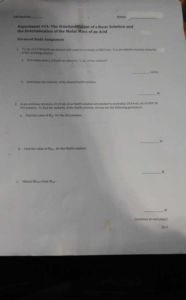 Solved Lab Section: Name Experiment #24: The Standardization | Chegg.com