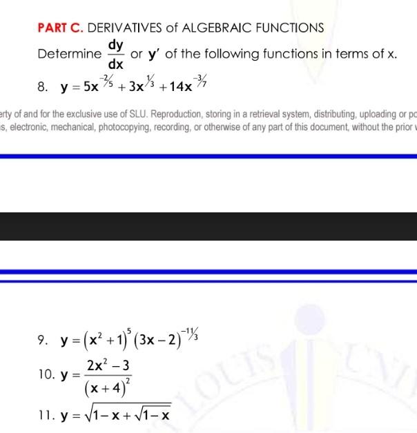 Solved PART C. DERIVATIVES of ALGEBRAIC FUNCTIONS dy | Chegg.com