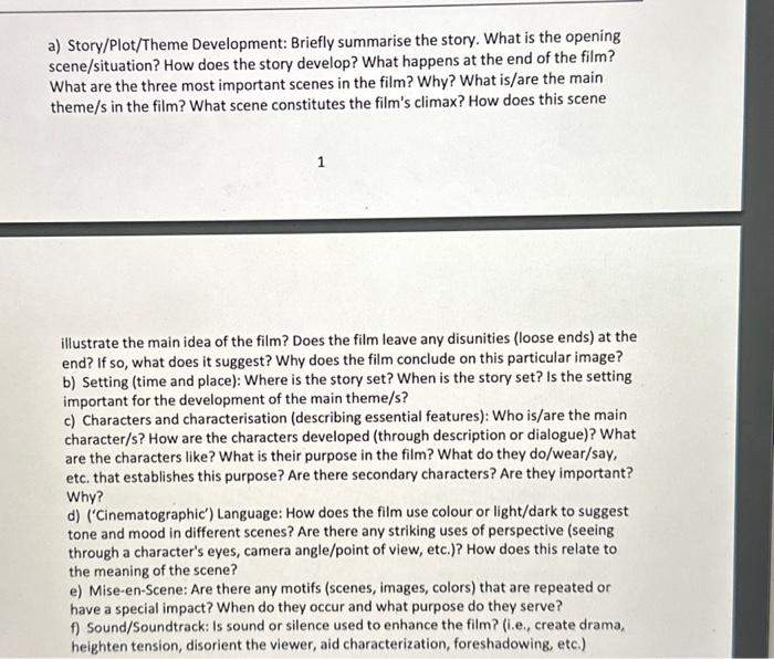 a) Story/Plot/Theme Development: Briefly summarise | Chegg.com