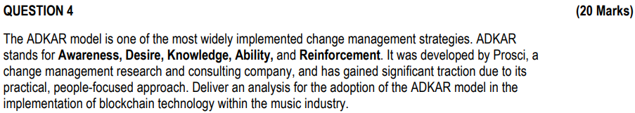 Solved QUESTION 4 (20 ﻿Marks) ﻿The ADKAR model is one of the | Chegg.com