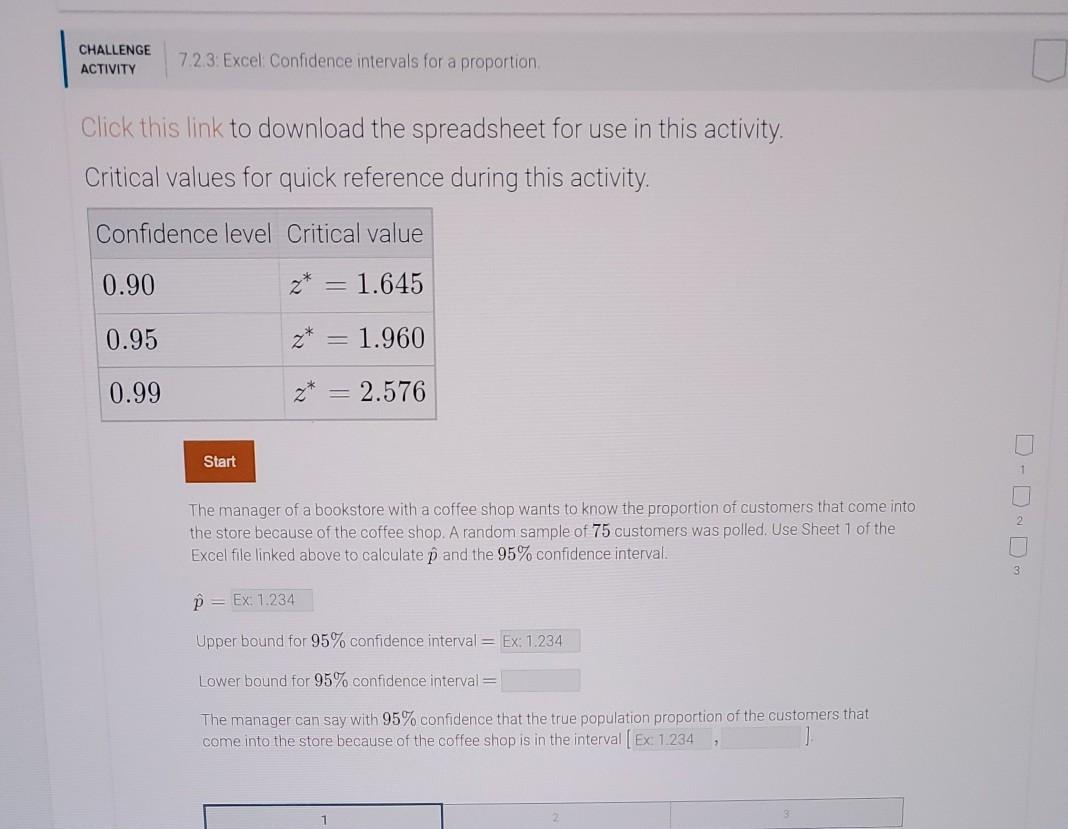 CHALLENGE ACTIVITY 7.2.3: Excel: Confidence intervals | Chegg.com