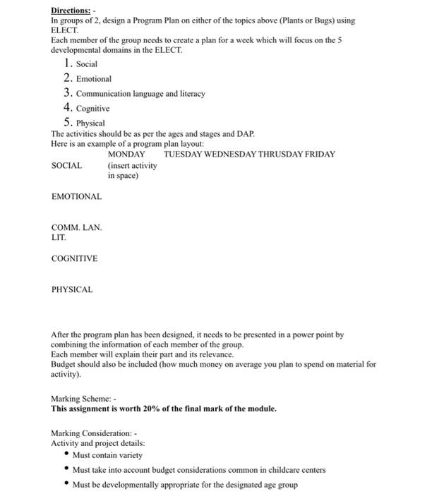 Directions: In groups of 2, design a Program Plan on | Chegg.com