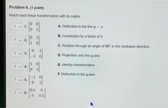 Solved Match each linear transformation with its matrix. 1. | Chegg.com