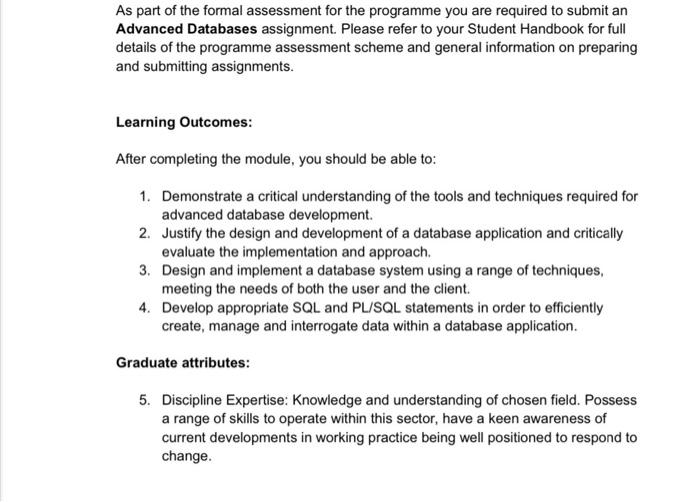 Solved As part of the formal assessment for the programme | Chegg.com