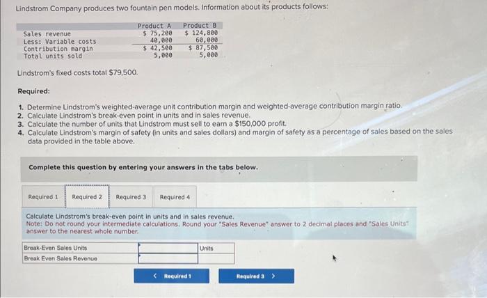 Solved Lindstrom Company produces two fountain pen models. | Chegg.com