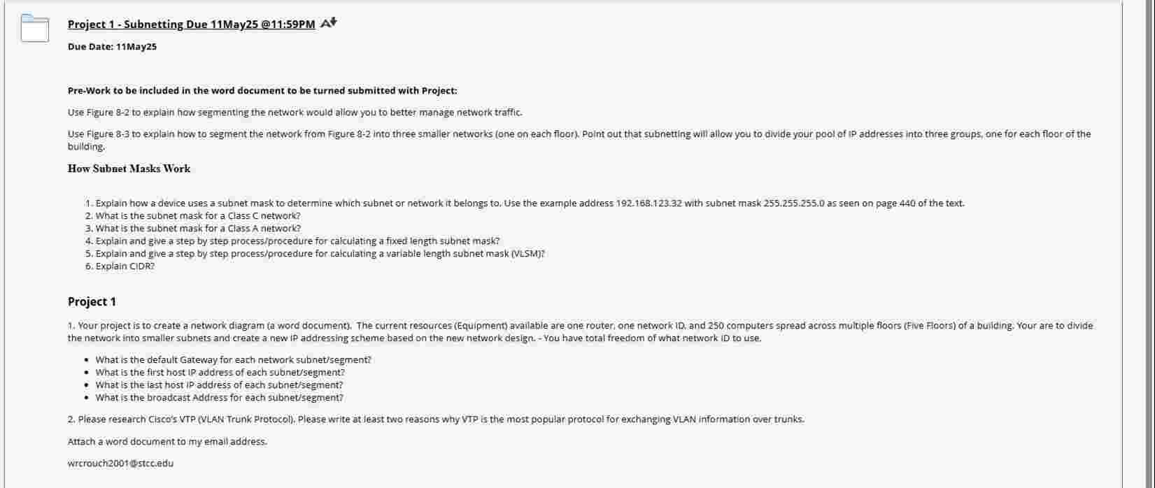 Project 1-Subnetting Due 11May25 ﻿@11:59PM Due Date: | Chegg.com