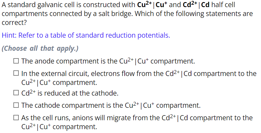 Solved A standard galvanic cell is constructed with | Chegg.com