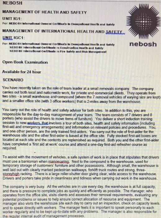 Solved NEBOSH MANAGEMENT OF HEALTH AND SAFETY UNIT IG1: For: | Chegg.com