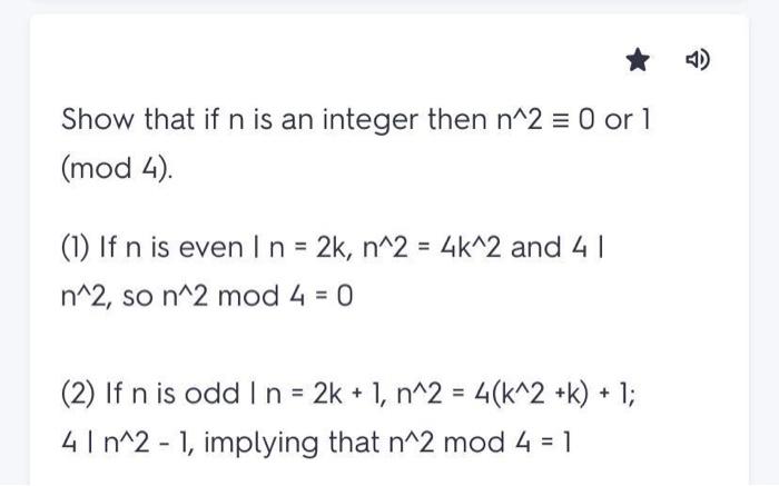 Solved Show that if n is an integer then n^2 = 0 or 1 (mod | Chegg.com
