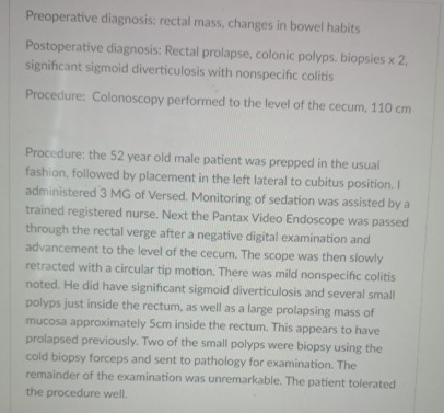 Solved Preoperative diagnosis: rectal mass, changes in bowel | Chegg.com