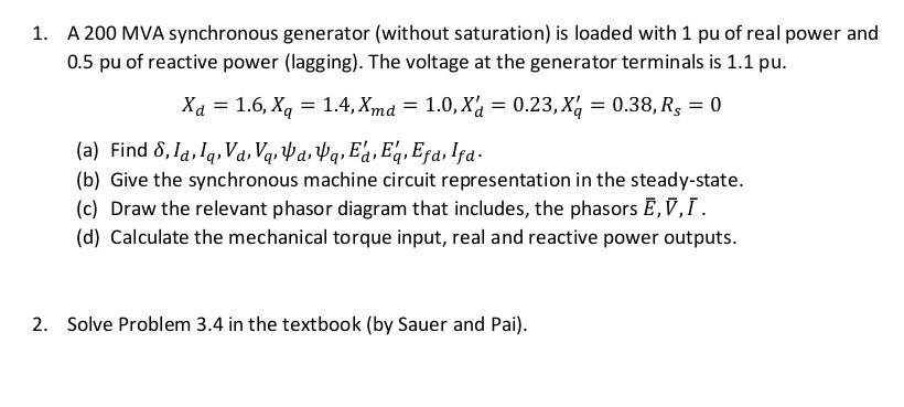Solved 1. A 200 MVA synchronous generator (without | Chegg.com