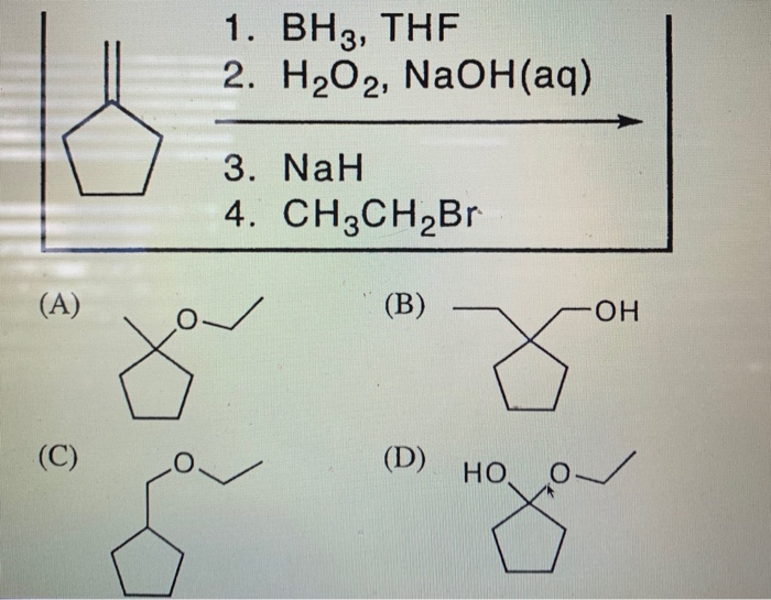 Solved 1. BH3, THE 2. H2O2, NaOH(aq) 3. NaH 4. CH2CH2Br (A) | Chegg.com