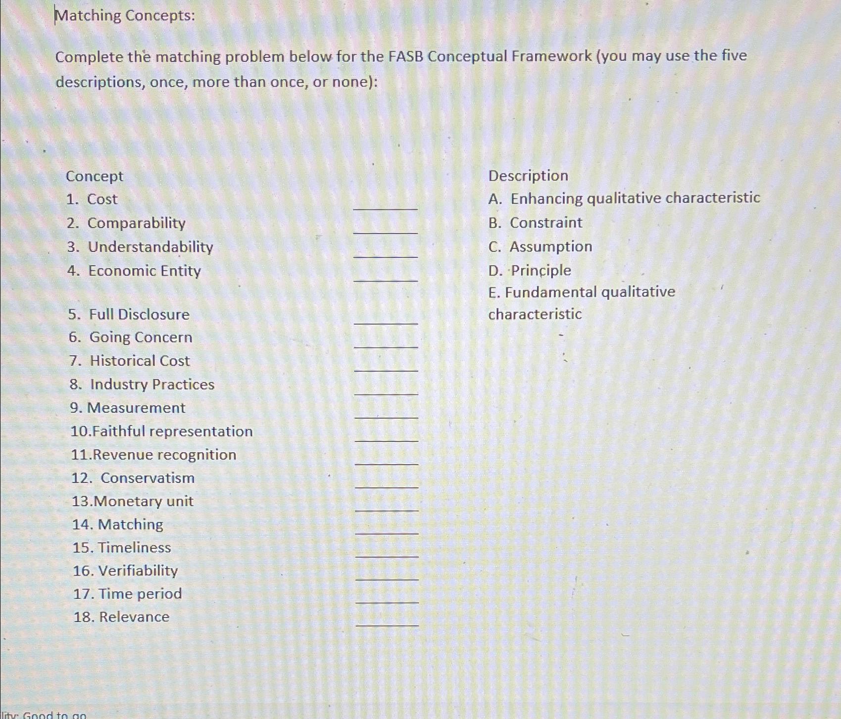 Solved Matching Concepts:Complete the matching problem below | Chegg.com
