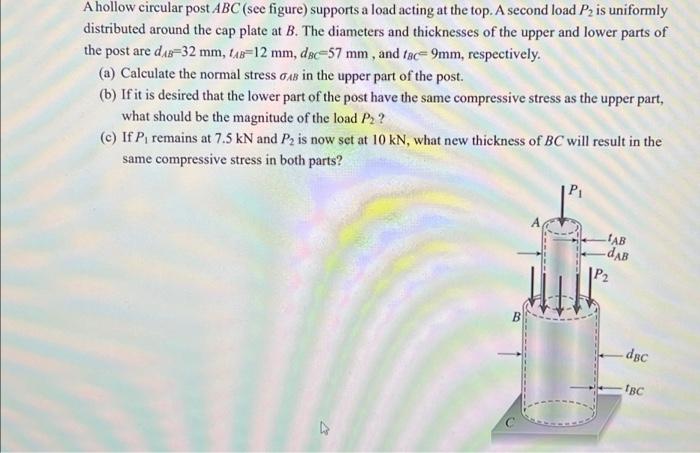 Solved A hollow circular post ABC (see figure) supports a | Chegg.com