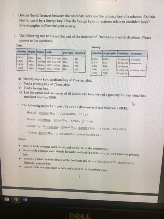 Solved 1 Discuss The Differences Between The Candidate Keys Chegg