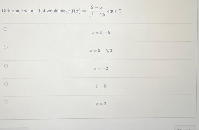Solved Determine Values That Would Make F X X2−252−x Equal